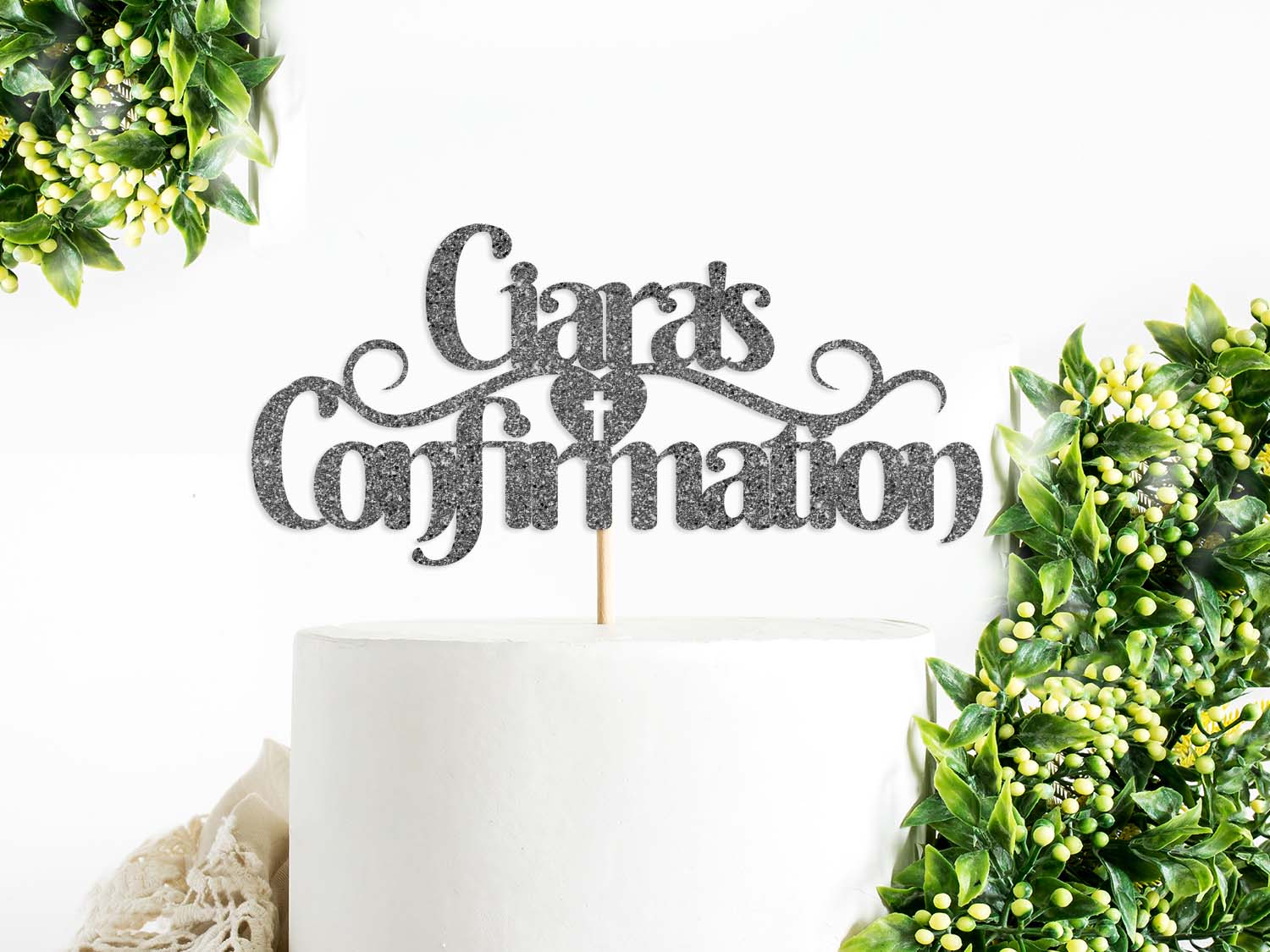 Confirmation Glitter Cake Topper with heart - PGFactory.ie